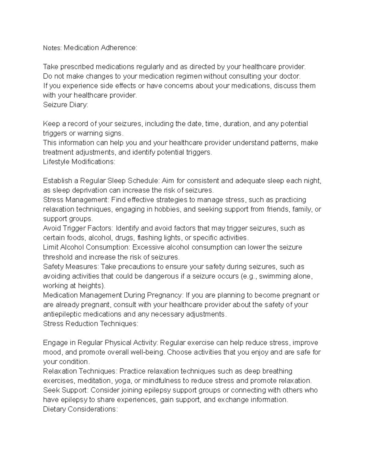 Epilepsy 101 - Notes: Medication Adherence: Take prescribed medications ...