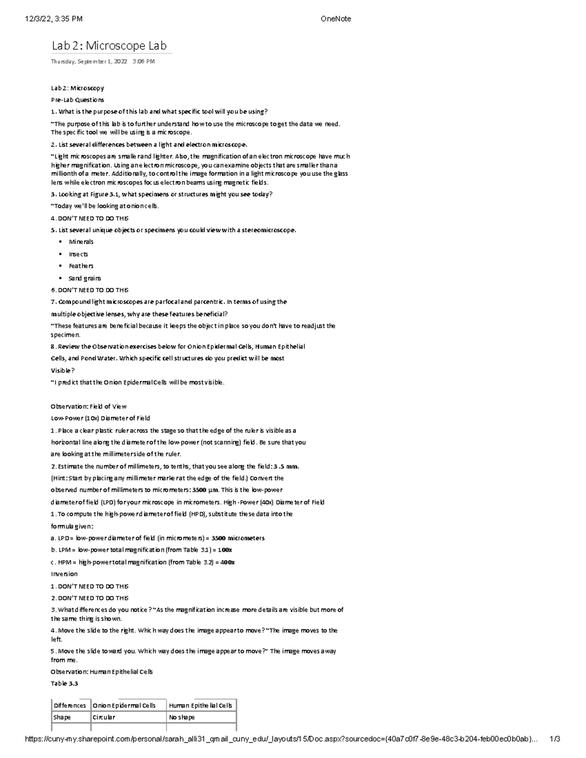 Lab 2 Microscope - lab answers - 12/3/22, 3:35 PM OneNote - Studocu