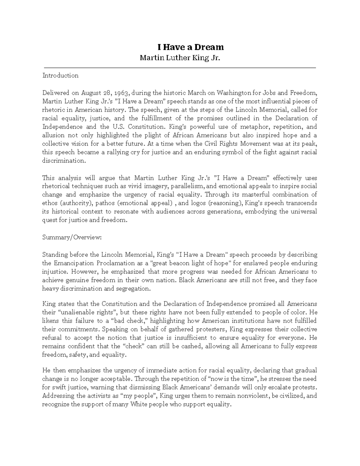 I Have a Dream Essay Analysis: Rhetorical Techniques in MLK's Speech ...