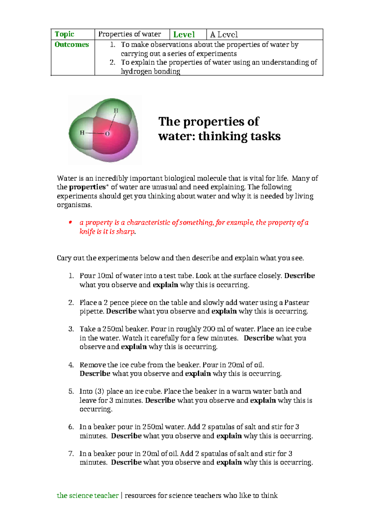 Properties of water thinking task - Water is an incredibly important ...