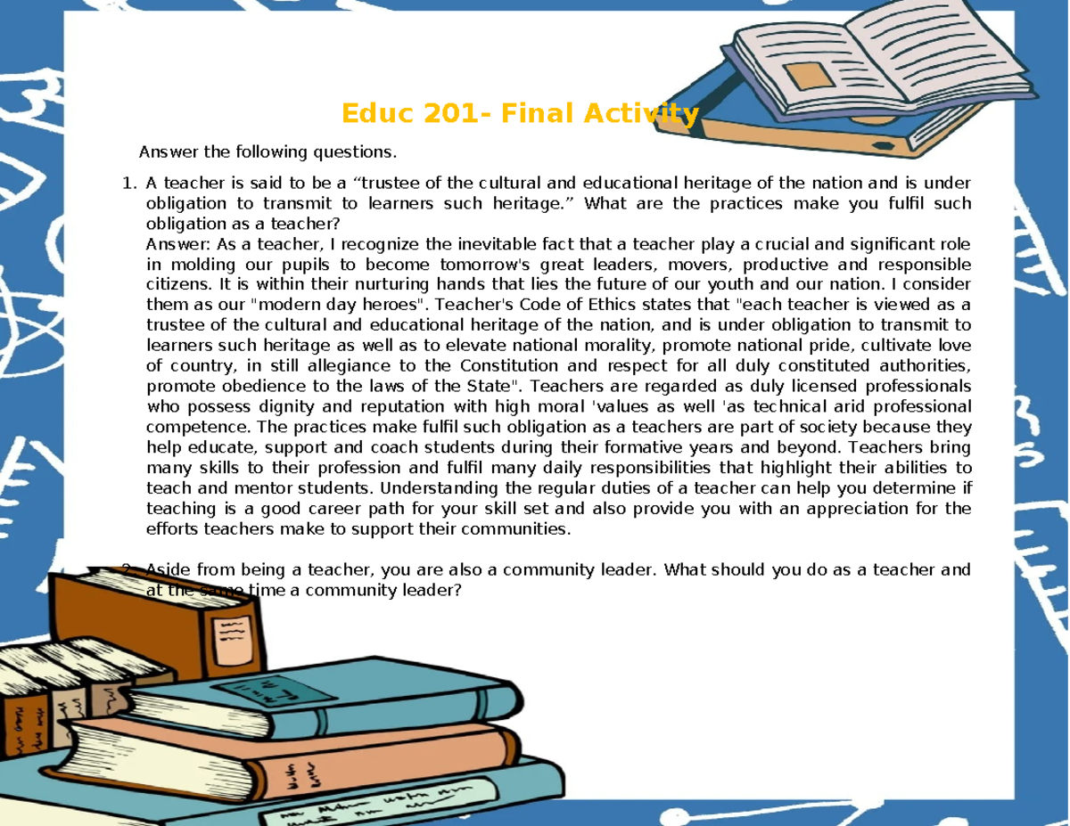 Final masteral - very useful - Educ 201- Final Activity Answer the ...