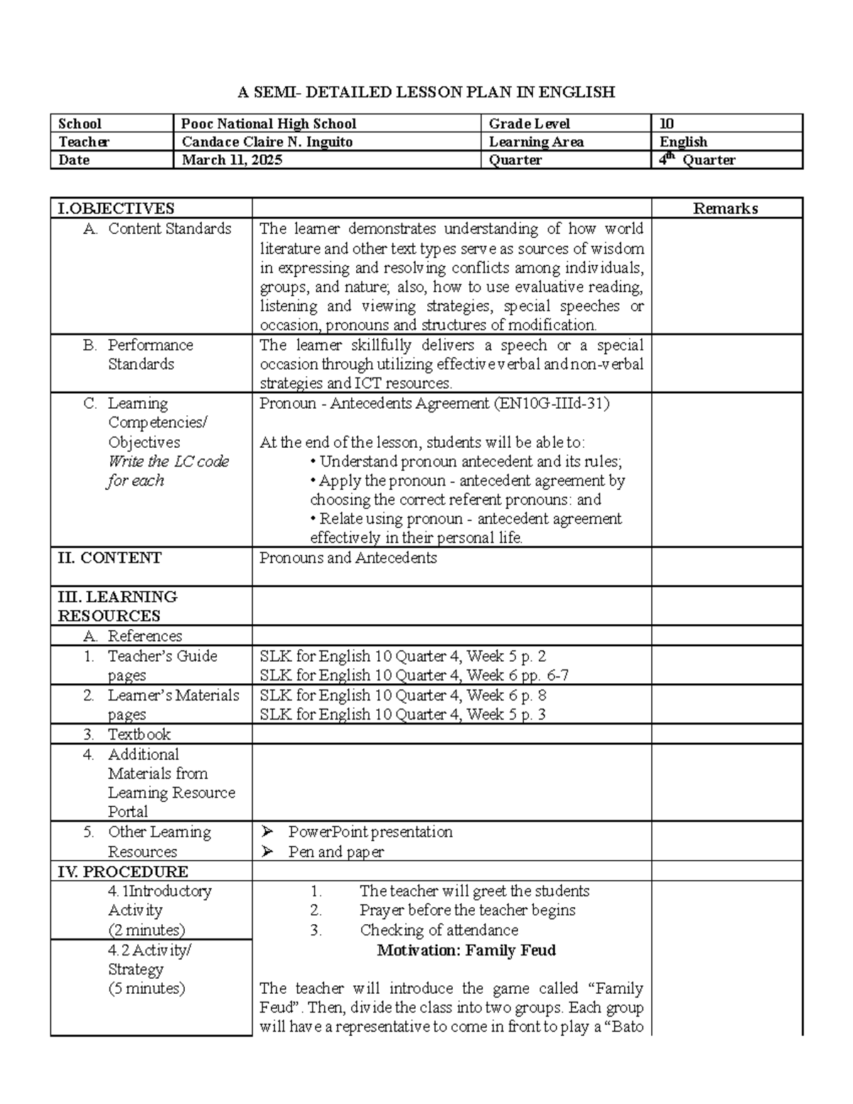 LP-Antecedents-Gr - Lesson plan for grade 10 - A SEMI- DETAILED LESSON ...