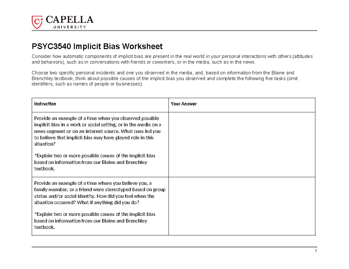 PSYC3540 Final Exam: Implicit Bias Worksheet and Analysis - Studocu