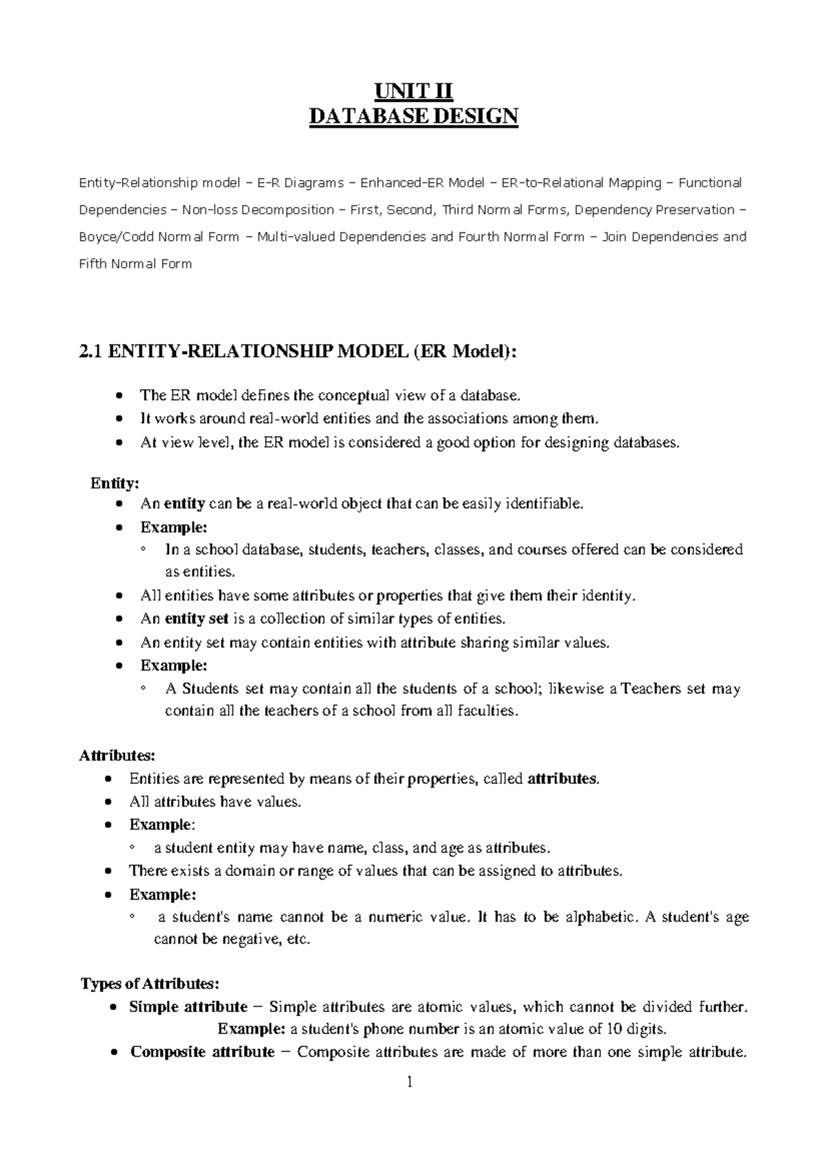 UNIT II Database Design - UNIT II DATABASE DESIGN Entity-Relationship ...