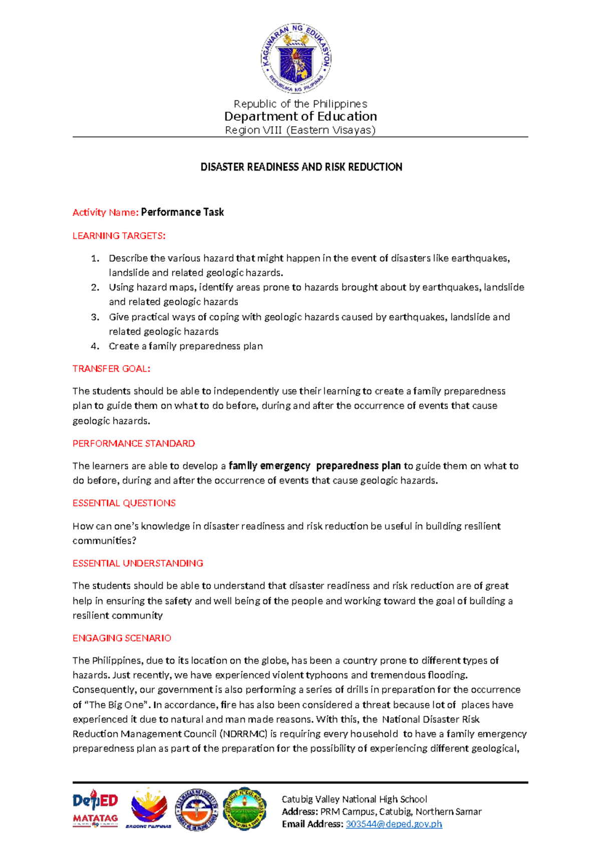 DRRR 080356 - Final Performance Task: Family Preparedness Plan Guide ...