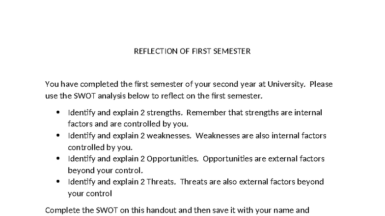 SWOT Analysis Reflection: First Semester Review - Studocu