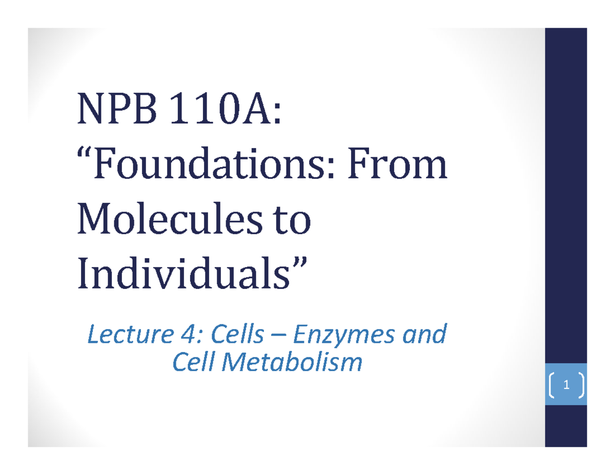 NPB 110A: Lecture 4 - Cells, Enzymes, and Cell Metabolism Overview ...
