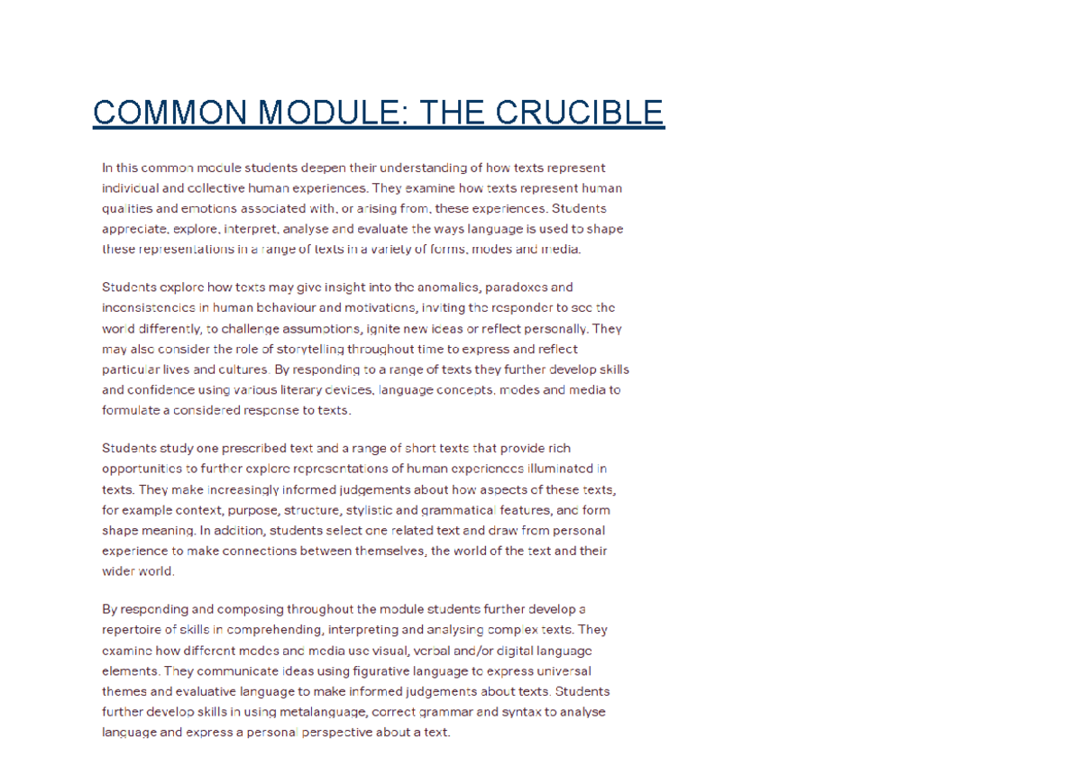 HSC ENGLISH: THE CRUCIBLE ESSAY NOTES ON HUMAN EXPERIENCE - Studocu