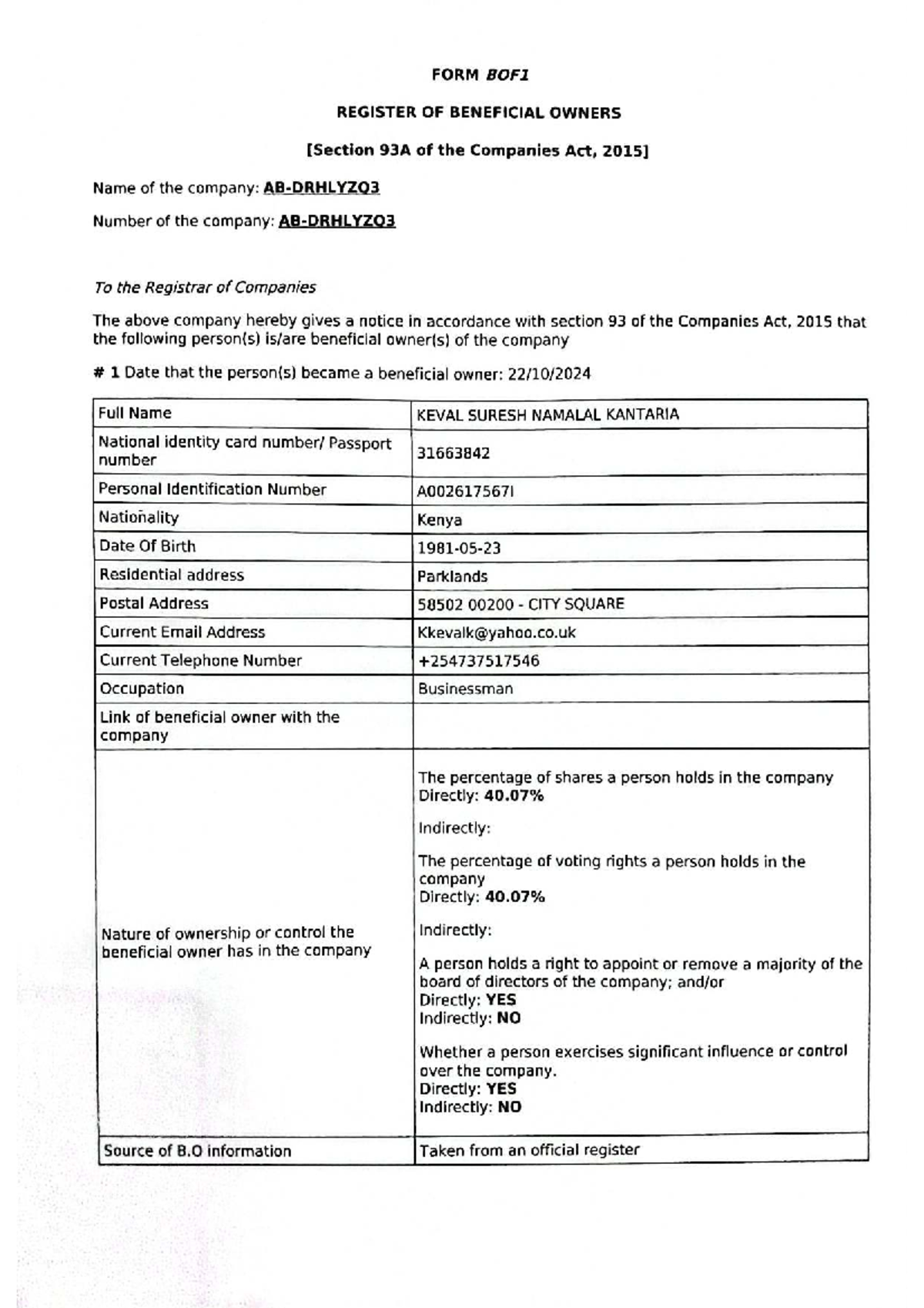 Bof1 - Register of Beneficial Owners Form under Companies Act 2015 ...