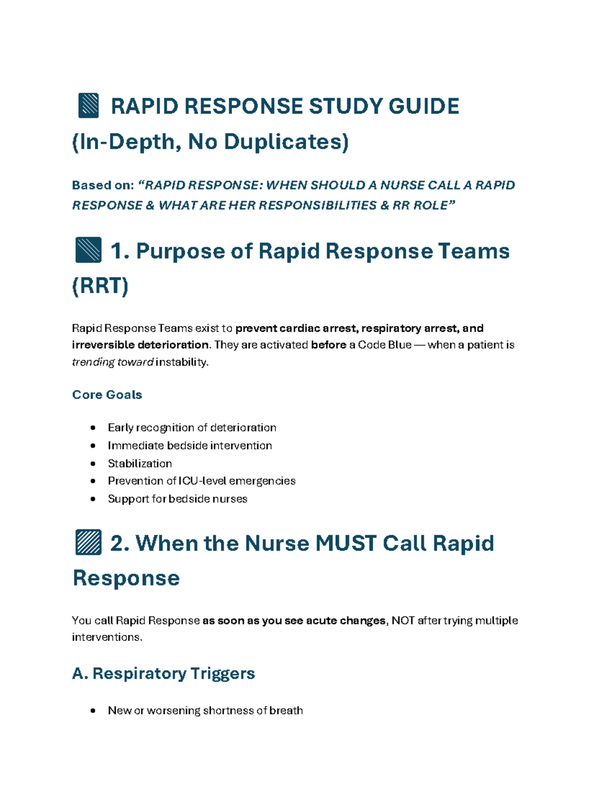 NUR 101 Rapid Response Team Study Guide: RN Responsibilities & Triggers ...