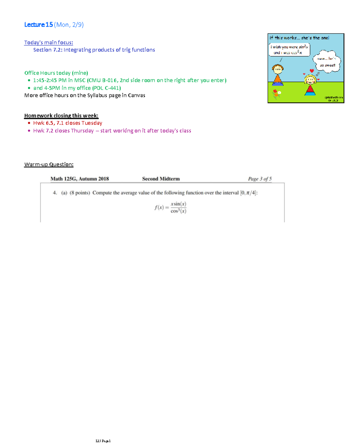 Lecture 15: Integrating Trig Functions (Sec 7.2) - Key Concepts ...