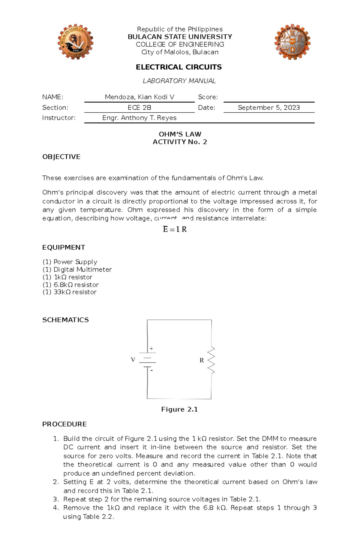 LAB 2 Circuits - Republic of the Philippines BULACAN STATE UNIVERSITY COLLEGE OF ENGINEERING ...