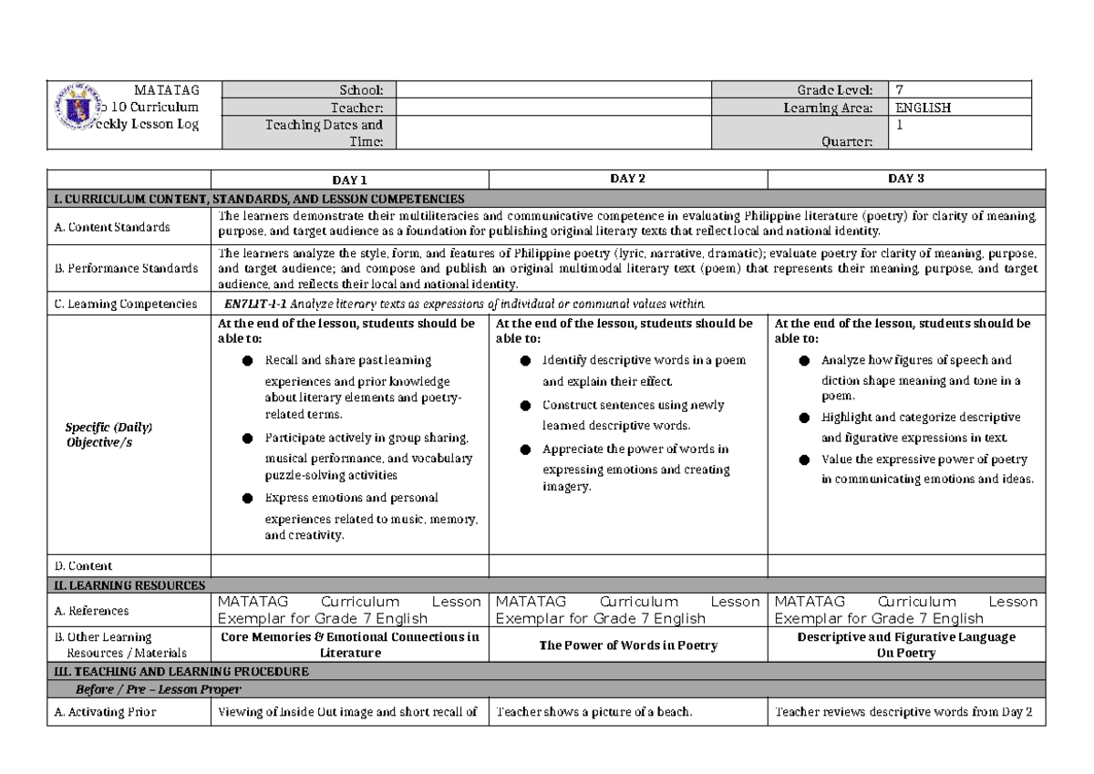 MATATAG Curriculum Lesson Plan: Grade 7 English Week 1 - Studocu