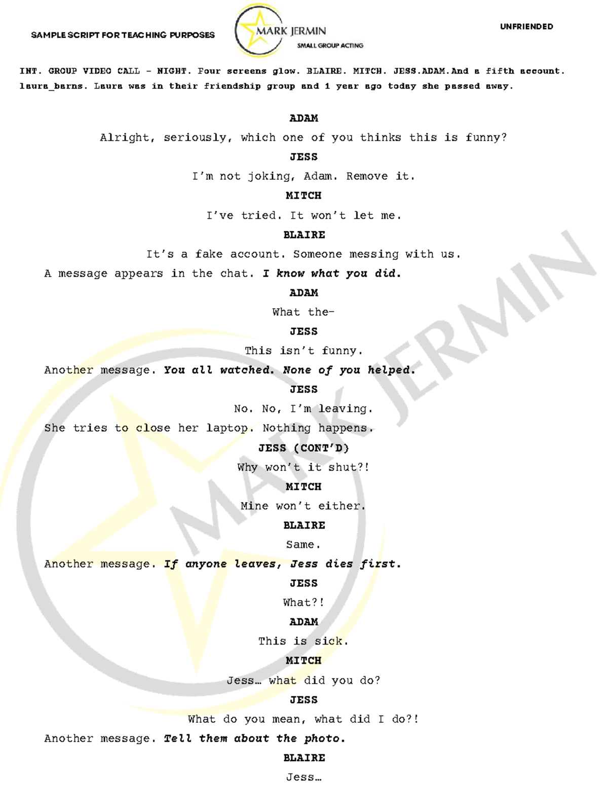 UNFRIENDED SCRIPT FOR TEACHING - INT. GROUP VIDEO CALL - Studocu