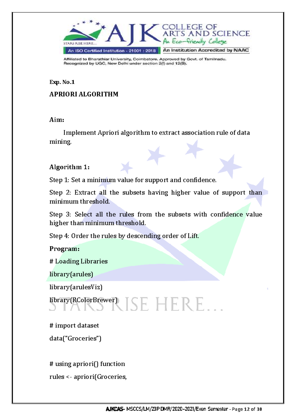 Datamining Lab Manual: Final Exam (Course Code: DM101) - Studocu