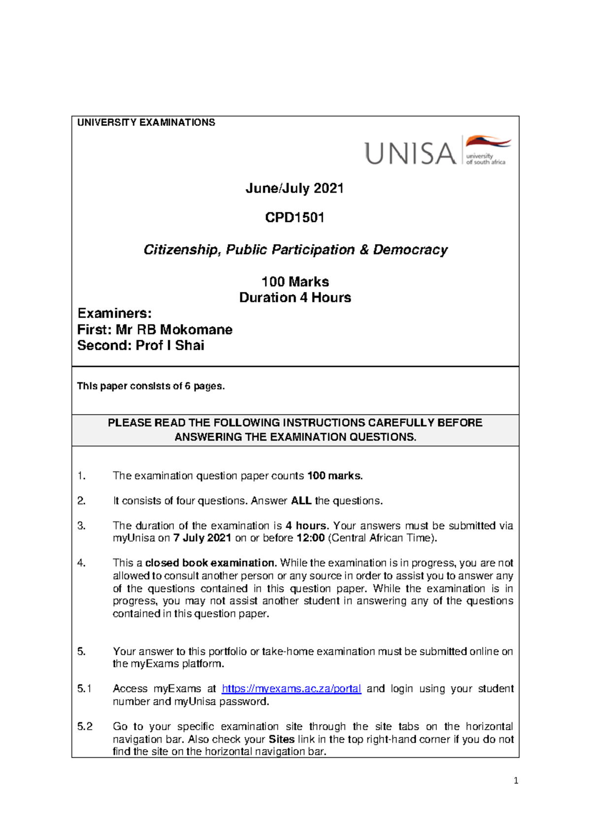 CPD1501 June-July 2021 ECP Citizenship Exam Paper - Studocu