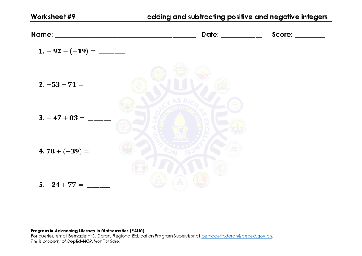 WS9: Adding & Subtracting Positive and Negative Integers Worksheet ...