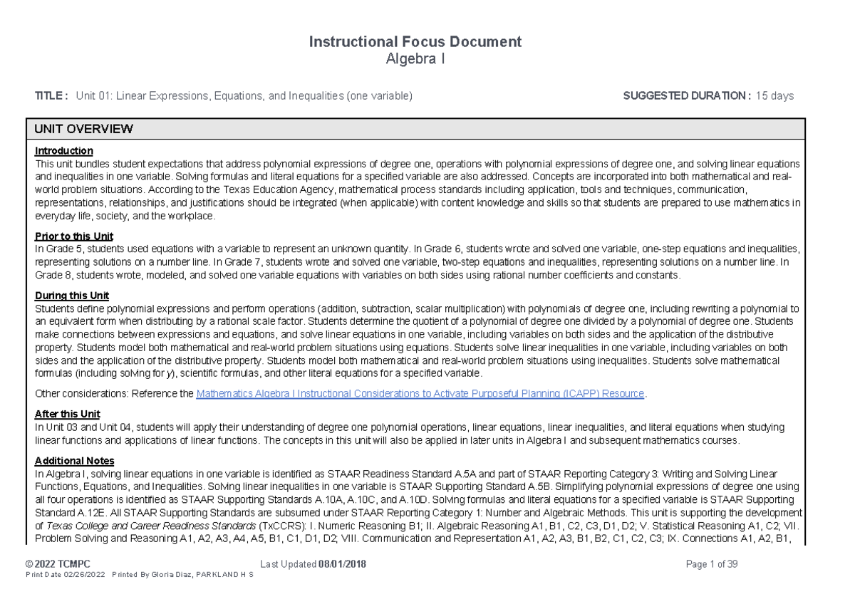 Algebra I Unit 01: Linear Expressions, Equations & Inequalities ...