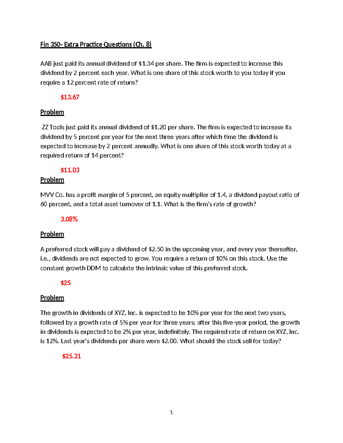 Fin 350 - Extra Practice Questions for Chapter 8 Analysis - Studocu