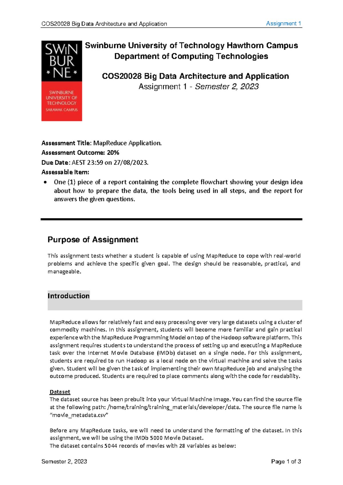 COS20028 Big Data Arch & App: Assignment 1 - MapReduce Analysis 2023 - Studocu