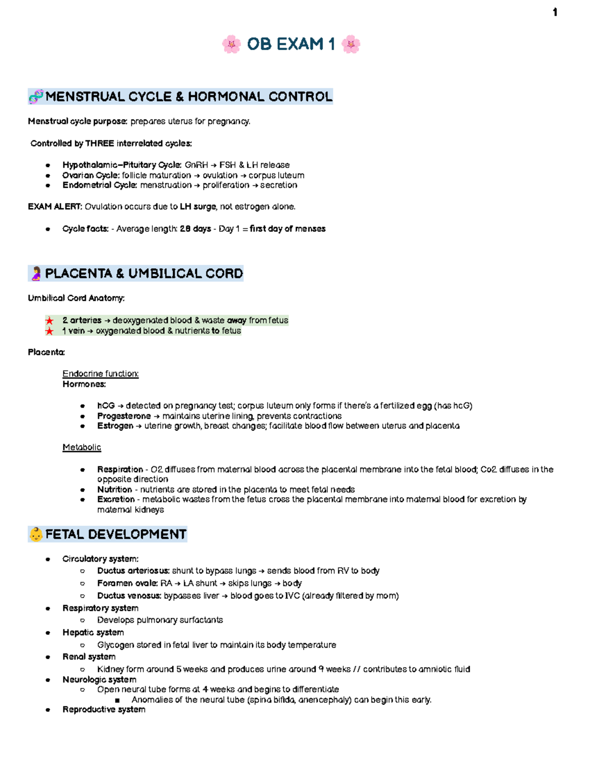 OB EXAM 1 Study Guide: Hormonal Control & Pregnancy Essentials - Studocu