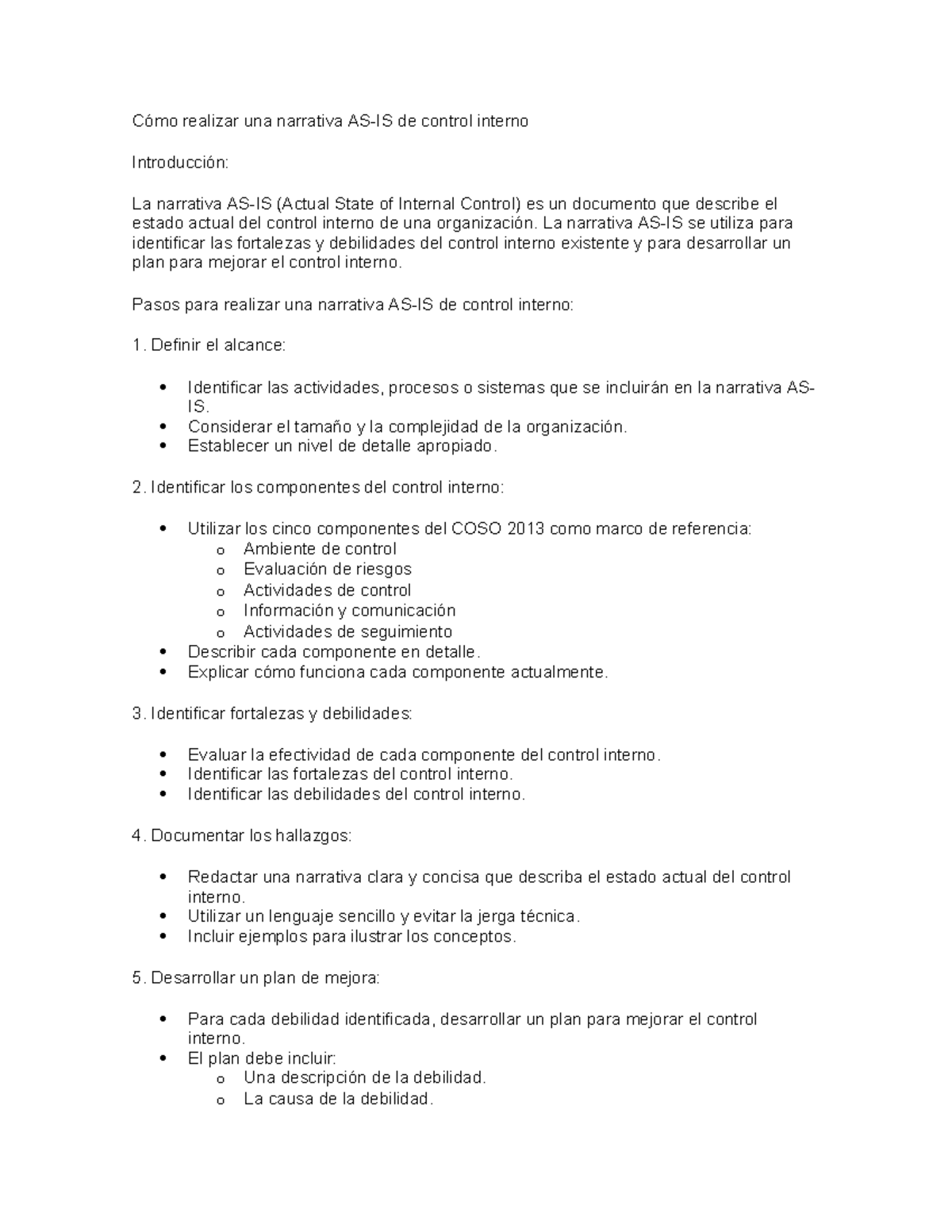 Cómo realizar una narrativa AS-IS de control interno eficaz - Studocu