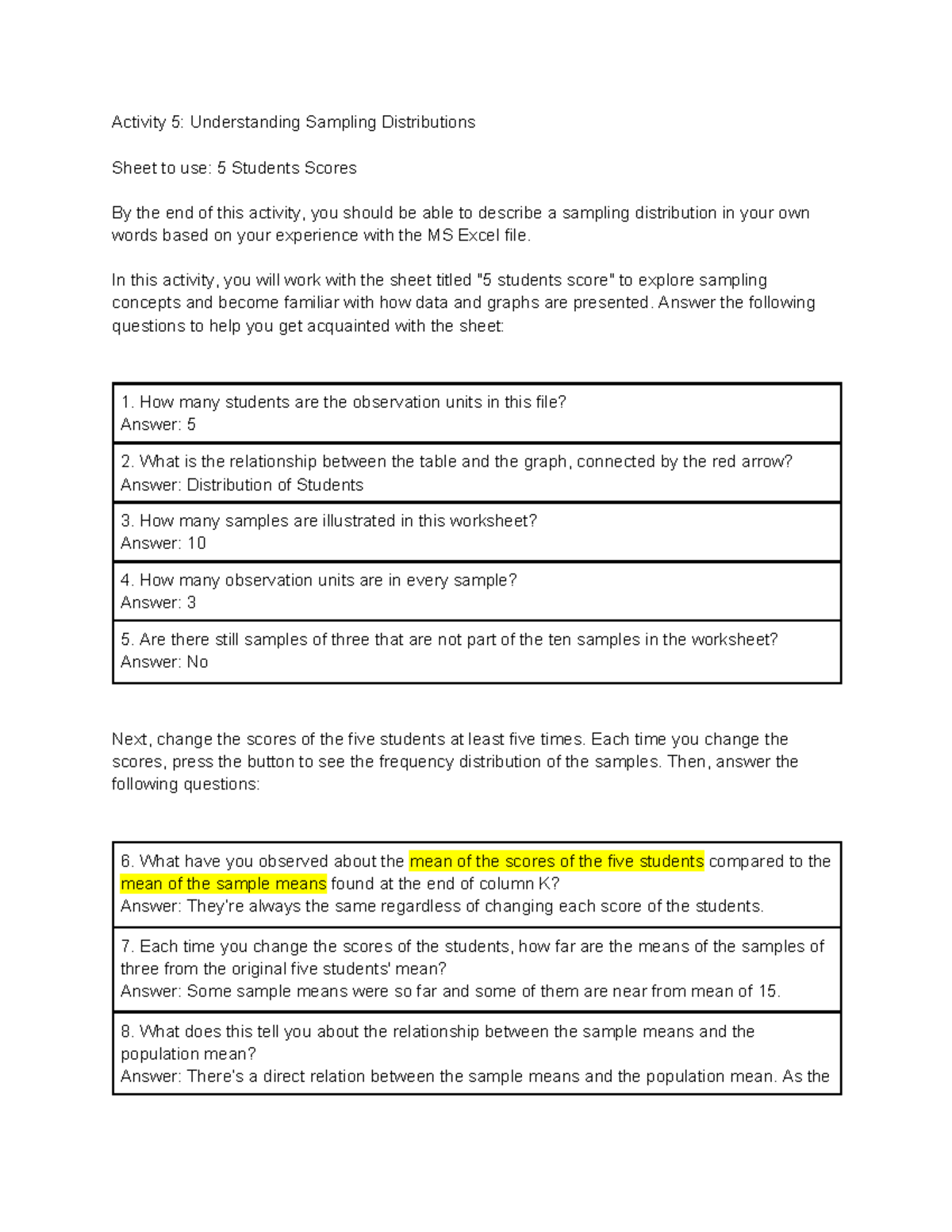 Activity 5: Understanding Sampling Distributions (5 Students Scores ...