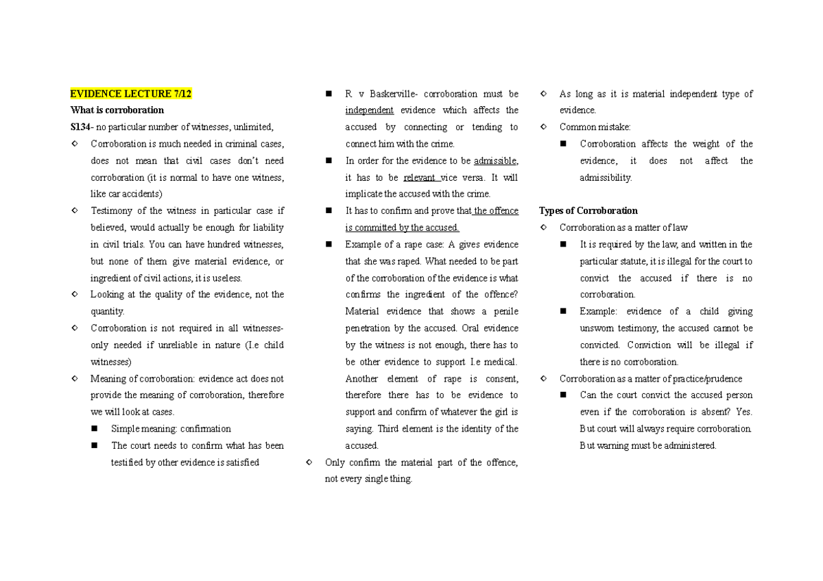 Corroboration of Evidence in Criminal Law - EVIDENCE LECTURE 7/ - Studocu