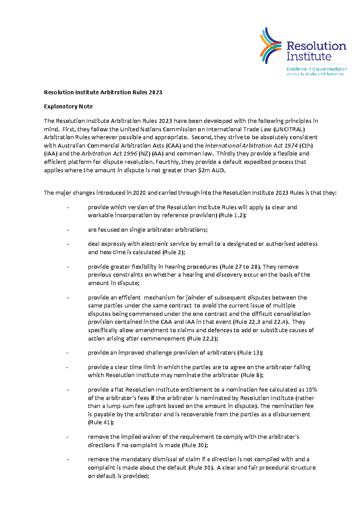 Arbitration Rules 2023 Explanatory Note: Key Changes & Principles - Studocu
