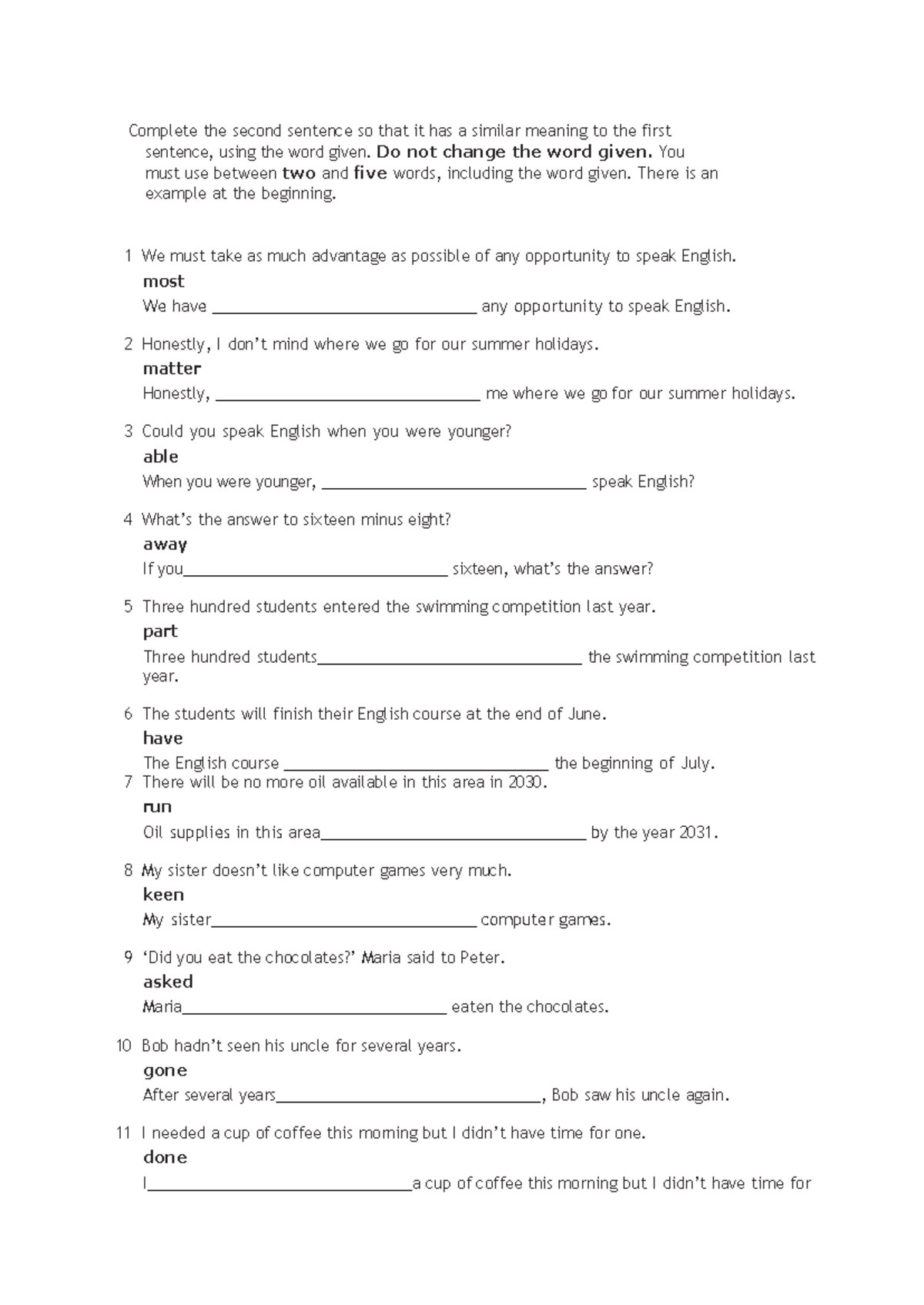 Key Word Transformation (ENG 101) - Answer Key - Studocu