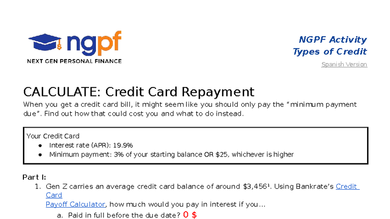 NGPF Activity: Credit Card Repayment Calculation (Spanish Version ...