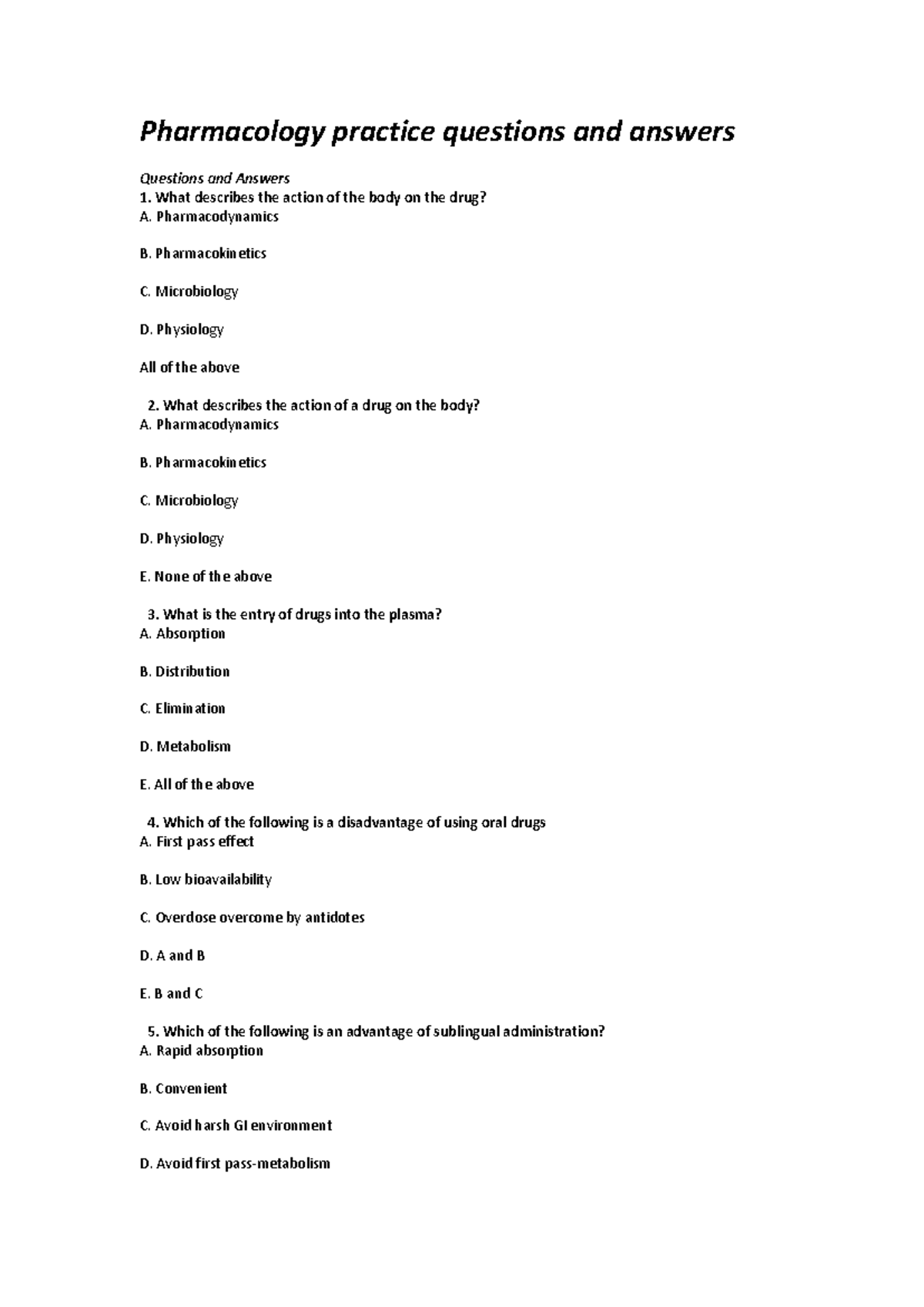 Pharmacology Practice Questions & Answers for Exam Prep - Studocu
