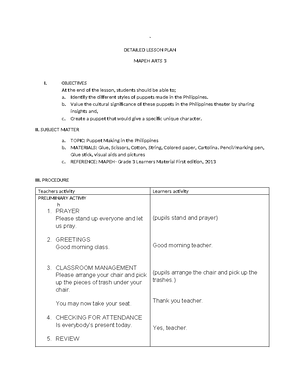 LP ARTS- Grade-6 - Lesson plan in grade 6 Arts - DETAILED LESSON PLAN ...