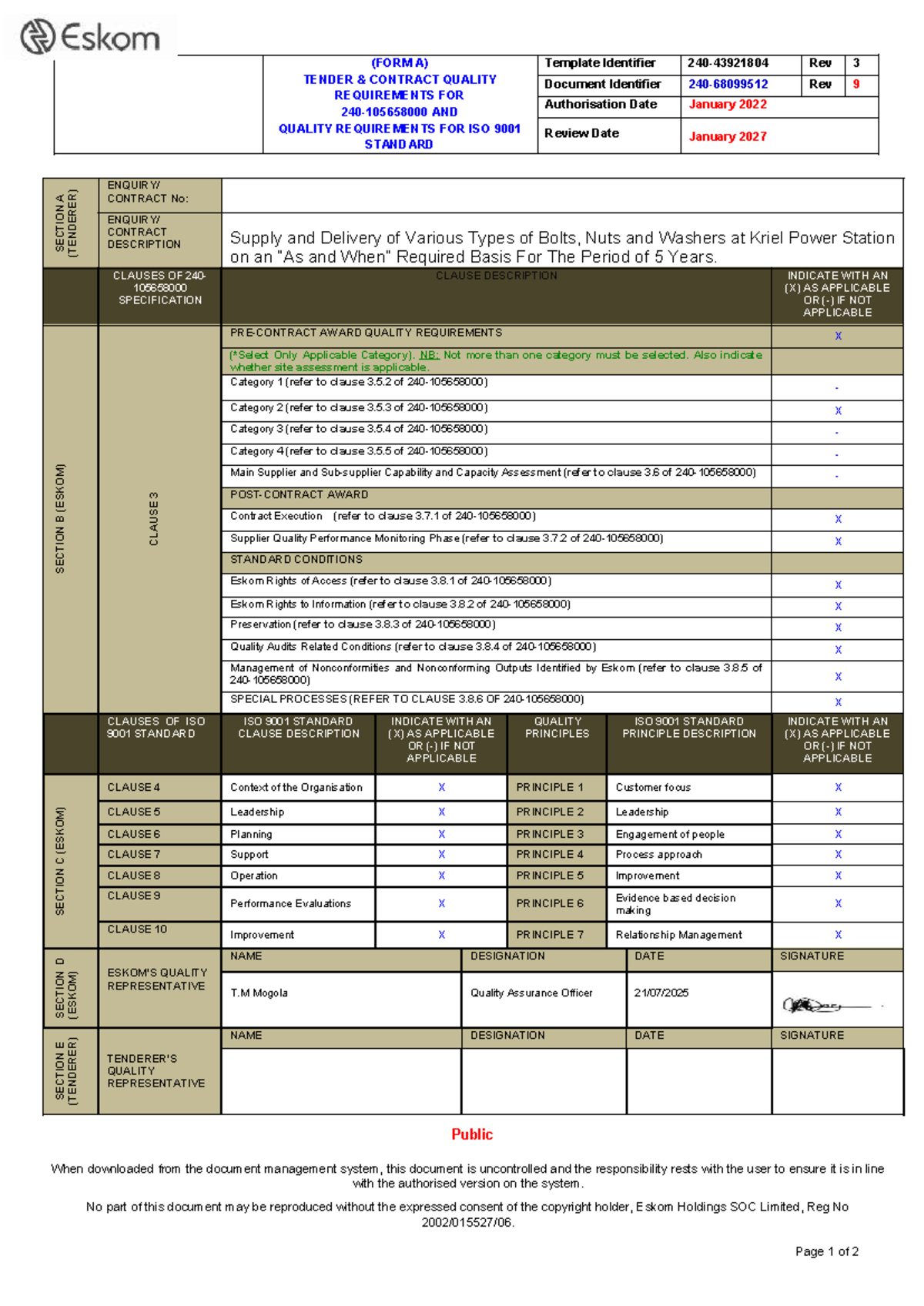 240-68099512 Form A Cat 2 Rev 9 Tender Contract Quality Requirements ...