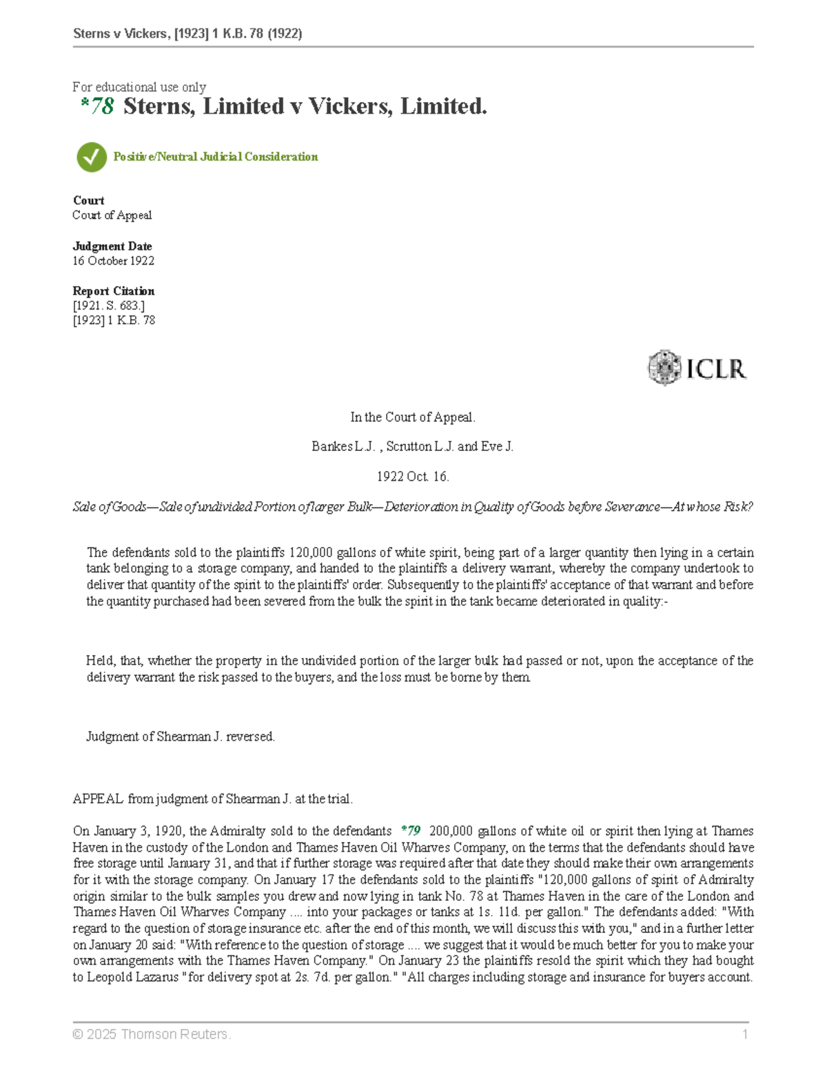 Sterns v Vickers, 1 K.B. 78 (1922) - Case Law Analysis and Judgment ...