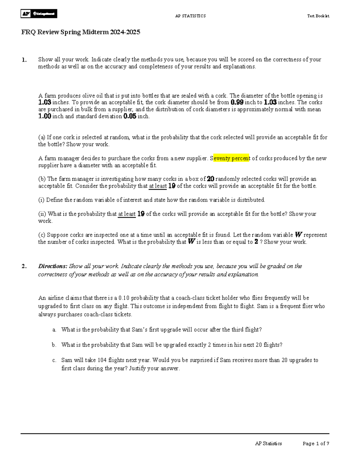 FRQ Review AP STATISTICS Spring Midterm 2024-2025 - Studocu