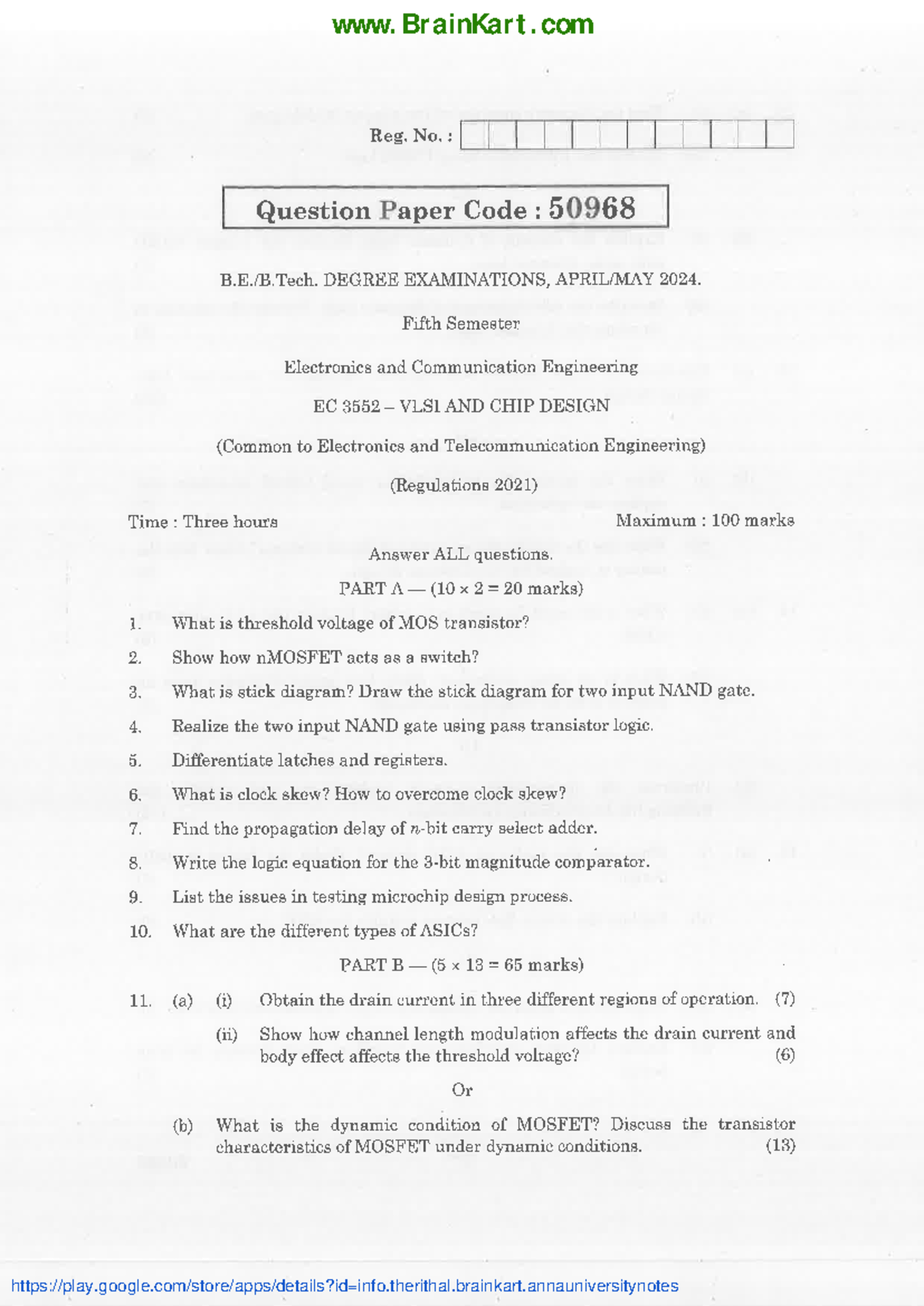 VLSI and Chip Design - EC3552 Question Paper April-May 2024 - Studocu