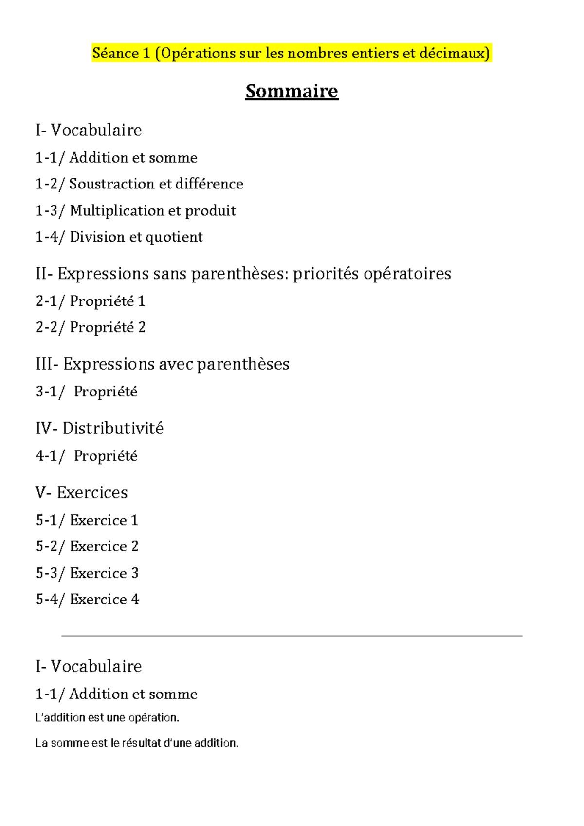 Opérations sur les nombres entiers et décimaux - Séance 1 (Opérations ...