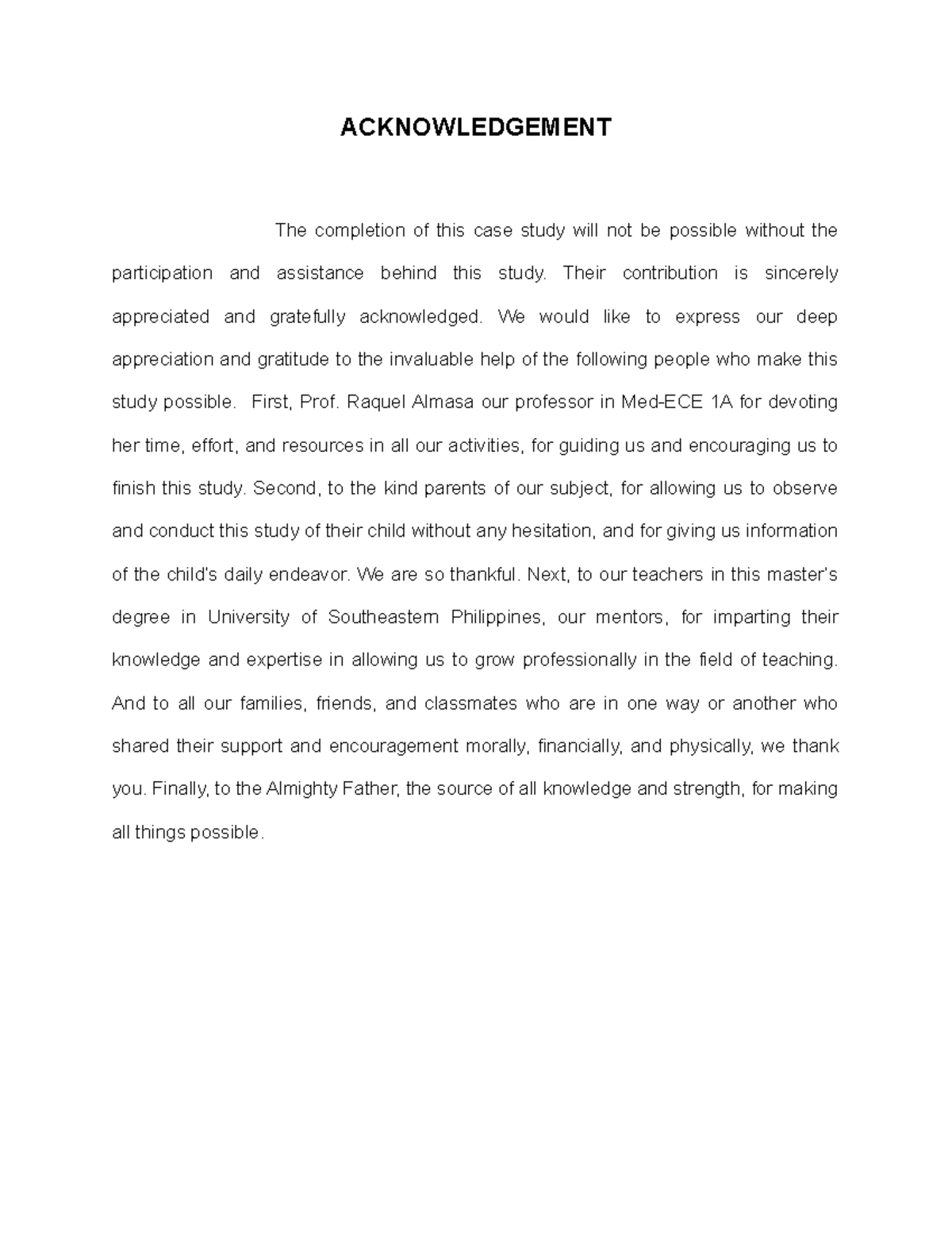 Acknowledgement Section of Case Study - Med-ECE 1A - Studocu