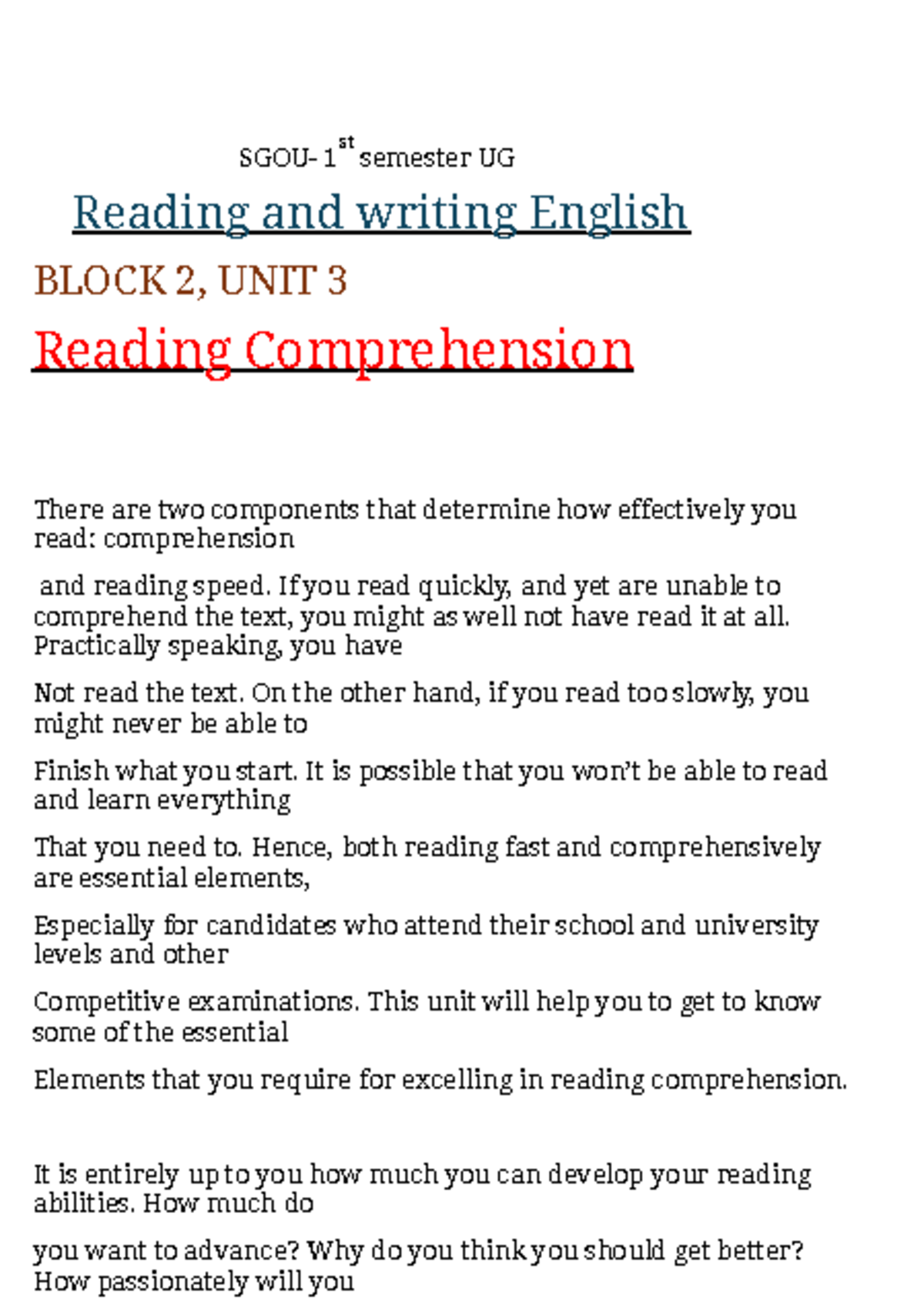 SGOU-1 Semester UG: Reading Comprehension Strategies and Skills - Studocu