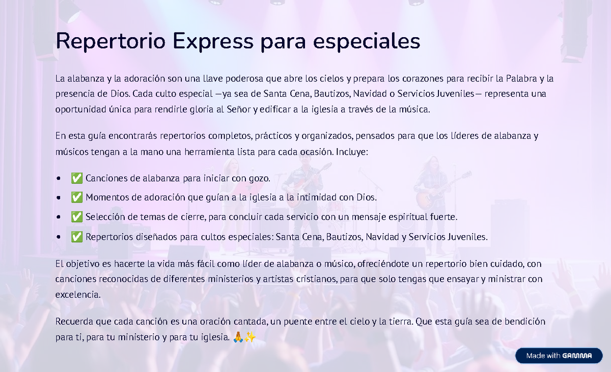 Repertorio Express para Cultos Especiales: Alabanza y Adoración - Studocu