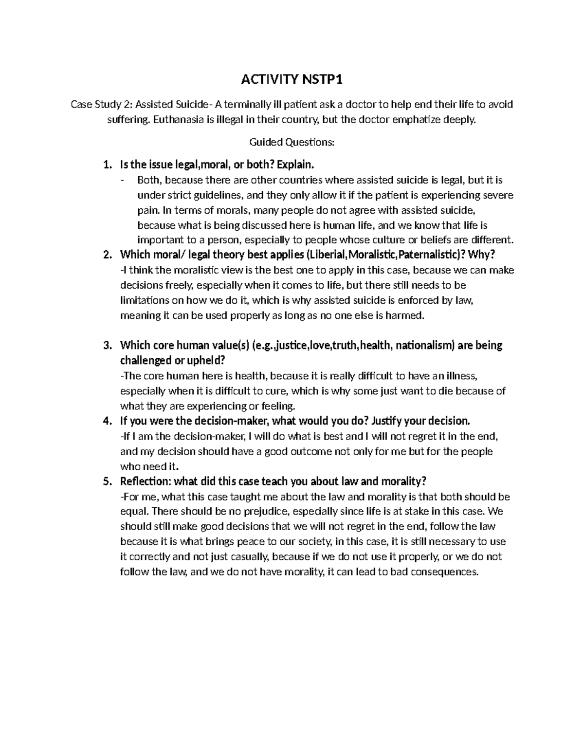 NSTP1 Case Study 2: Euthanasia, Law, and Morality Analysis - Studocu