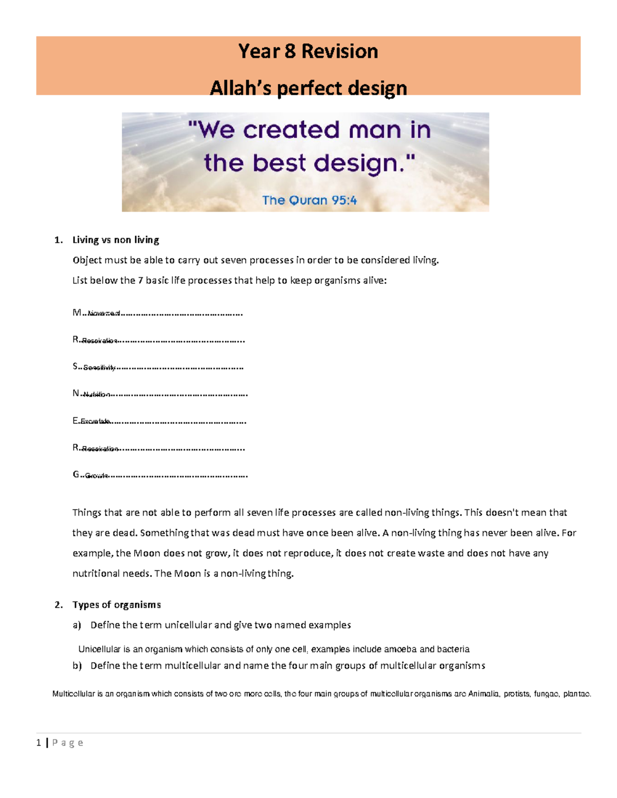 Year 8 Revision for stile topic test - Year 8 Revision Allah’s perfect ...