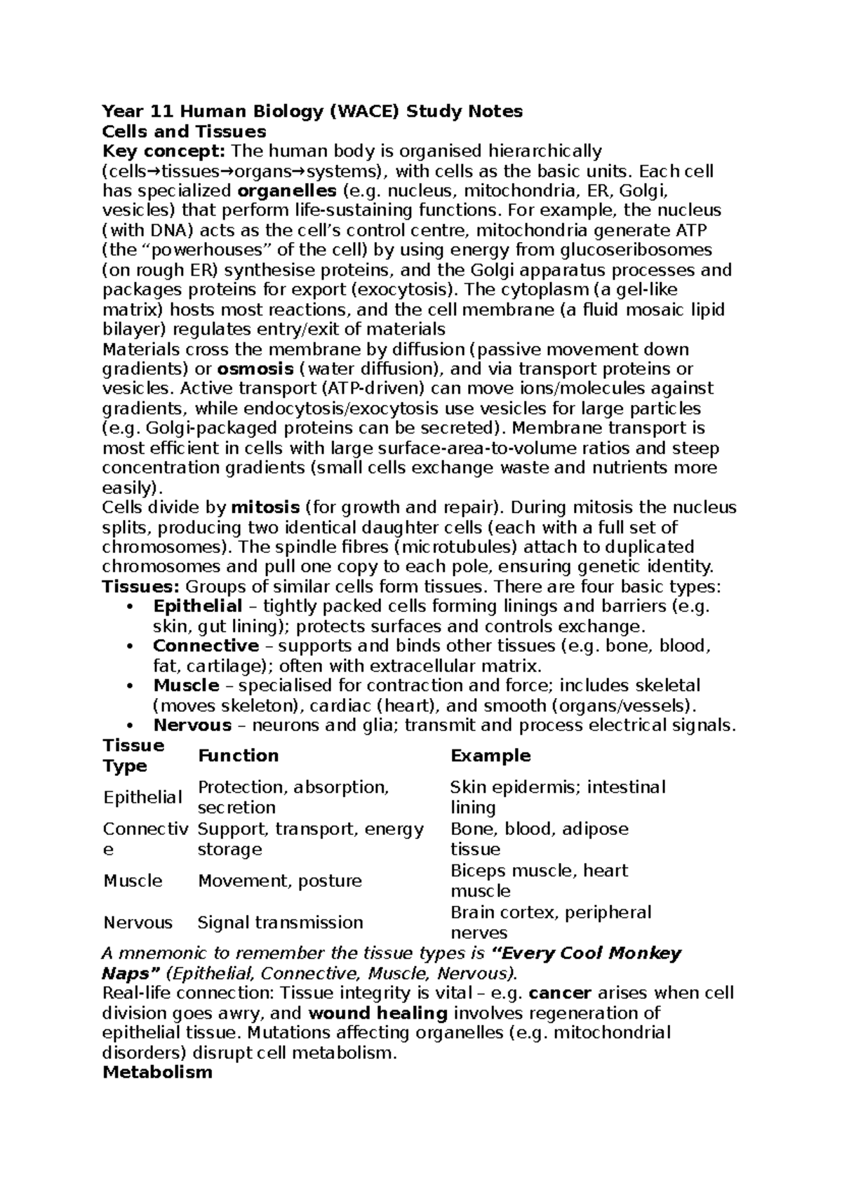 Year 11 Human Biology (WACE) Study Notes: Cells, Tissues, and ...