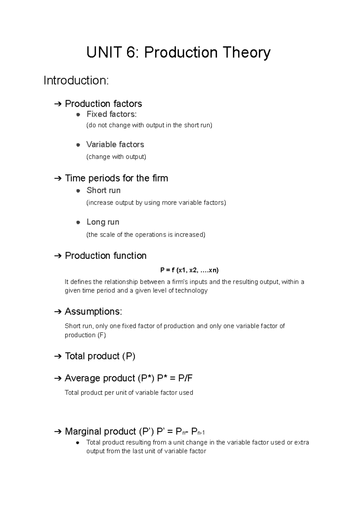 ADE Unit 6 aPUNTES ESTUDIO - UNIT 6: Production Theory Introduction ...