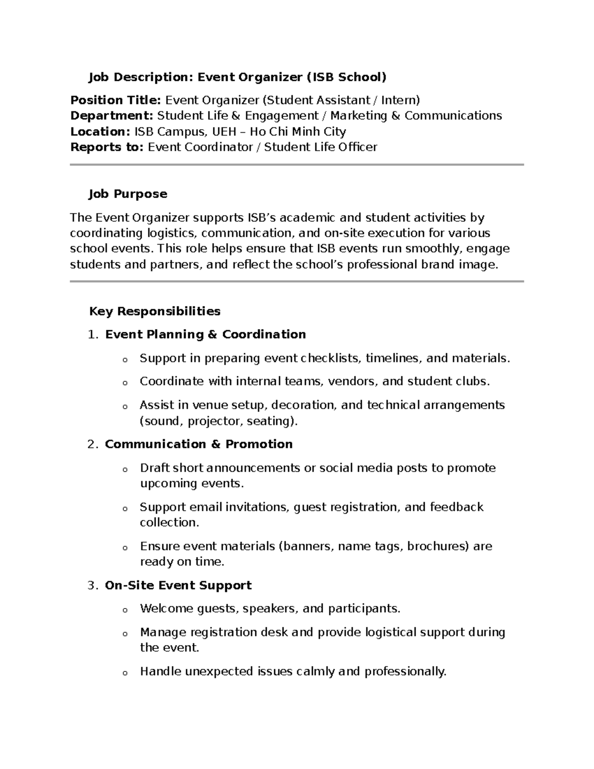 JD for Event Organizer (ISB School) - Student Assistant Intern - Studocu