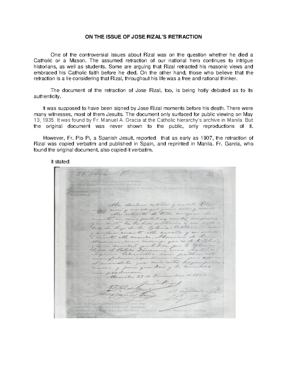 RPH Lesson 10 - Analyzing the Debate on Jose Rizal's Retraction - Studocu