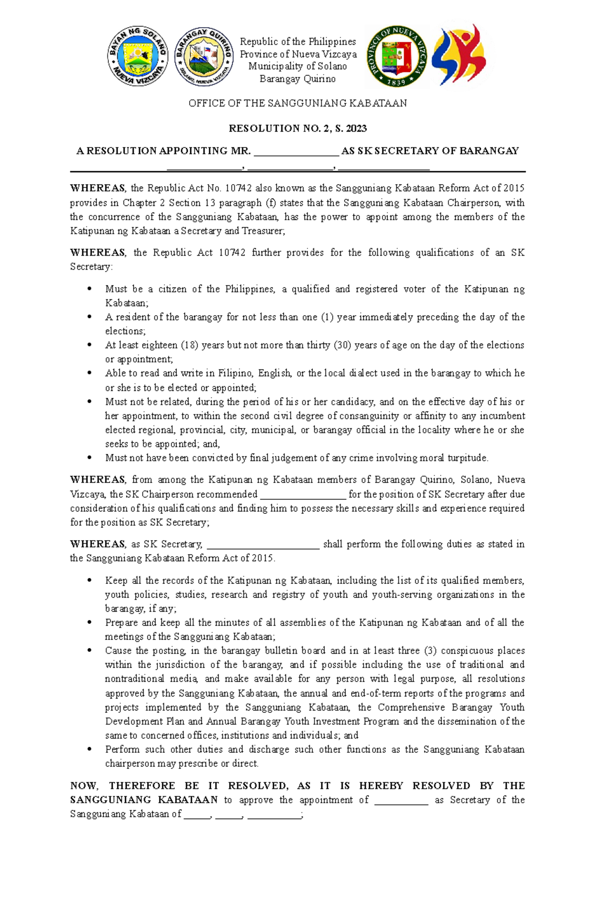 SK Resolution No. 2, S. 2023 - Appointment of Barangay Secretary - Studocu