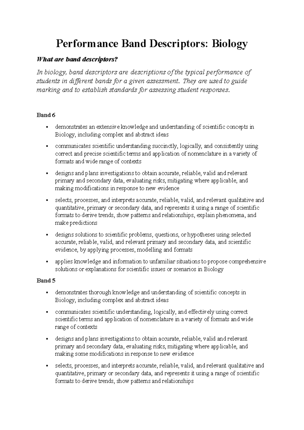 Band Descriptors - bands - Performance Band Descriptors: Biology What ...