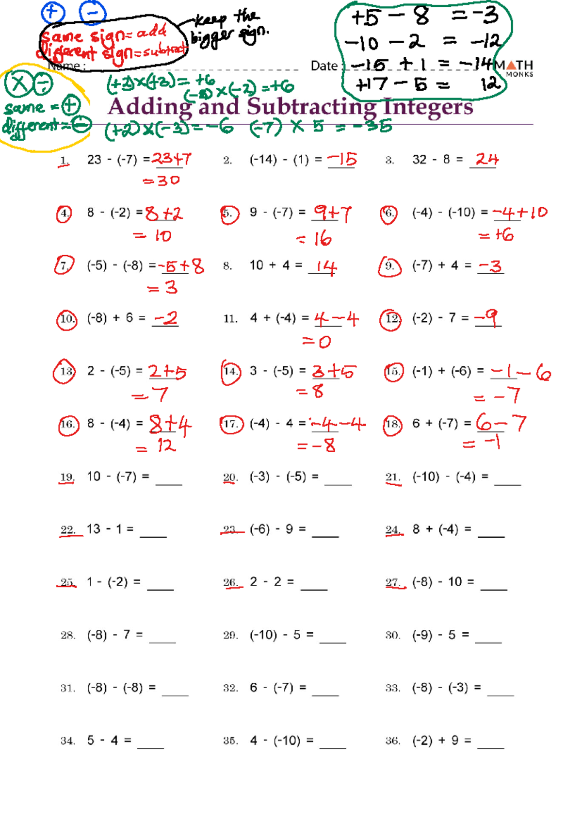 MATH 7: Adding and Subtracting Integers Worksheet - Studocu
